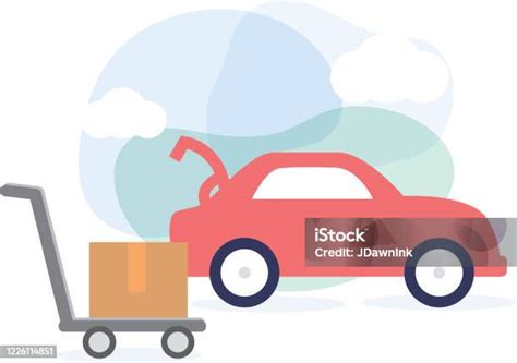 상자를 들고 쇼핑 카트와 자동차의 오픈 트렁크 커브 사이드 픽업 개념 자동차 트렁크에 대한 스톡 벡터 아트 및 기타 이미지 자동차 트렁크 교통수단 드라이브 스루 픽업