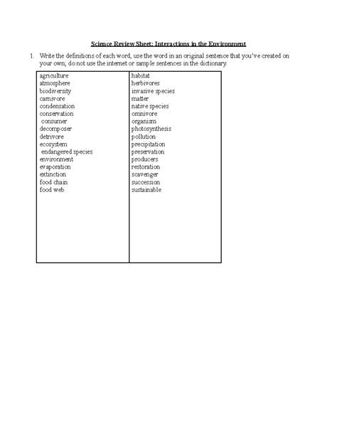 Ecosystems Test Review Sheet Science G7 Science Review Sheet Interactions In The