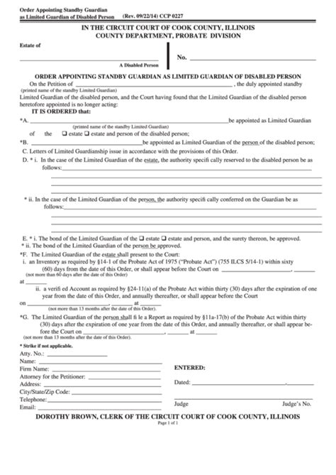 Fillable Form Ccp 0227 Order Appointing Standby Guardian As Limited