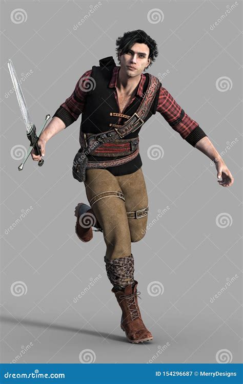 Render Of A Fantasy Style Man Running Towards The Camera With A Sword Stock Illustration