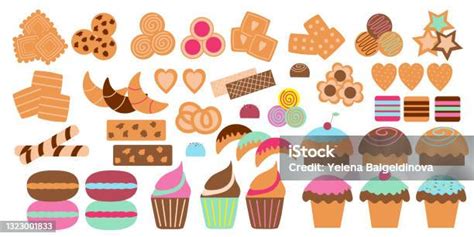 컵케이크 쿠키 과자 와플 지피르 마멀레이드 아이스크림 달콤한 베이글 의 형태로 고립 된 과자 세트 도넛과 비스킷 베이킹 요소 디자인 개체 그룹에 대한 스톡 벡터 아트 및