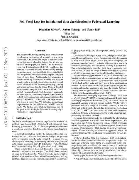 Pdf Fed Focal Loss For Imbalanced Data Classification In Federated Learning