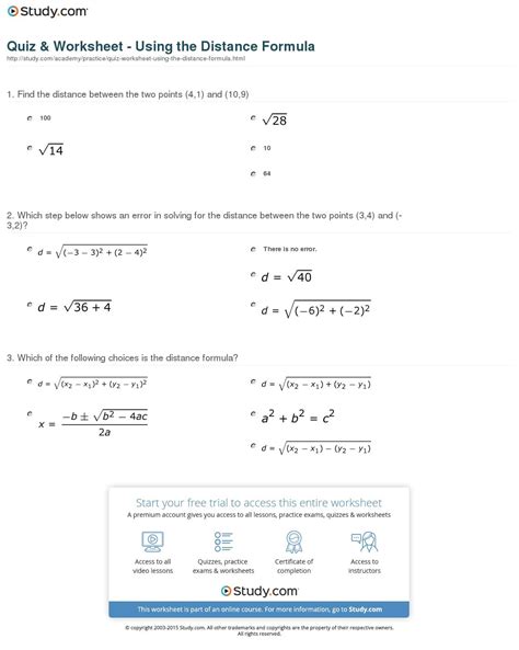 Quiz Worksheet Using The Distance Formula Study Db Excel