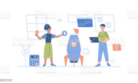 창업 남자와 여자가 로켓 발사를 준비하고 있다 프로젝트 성공 사업 계획 배너 웹사이트 디자인 랜딩 페이지를 위한 만화 현대 플랫 벡터 일러스트레이션 Launch Party에