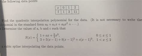 Solved For The Following Data Points A Find The Quadratic Chegg