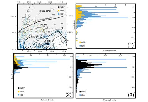 seismicity distribution spatially and with depth of the isc
