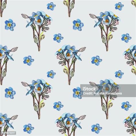 수채화가있는 매끄러운 패턴은 회색 배경이 아닌 잊어 버립니다 스티커 또는 스케치북과 카드를 위한 봄과 여름 꽃 벽지 또는 포장을 위한 손으로 그린 예술 빈티지 로맨틱 요소