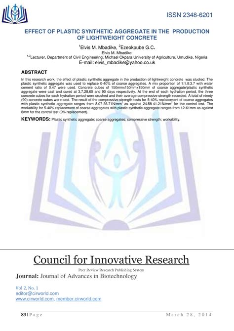 Pdf Effect Of Plastic Synthetic Aggregate In The Production Of Lightweight Concrete