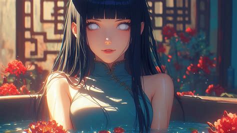4k Hd Wallpaper Hinata Hyuga In Flower Filled Tub In Chinese Spa