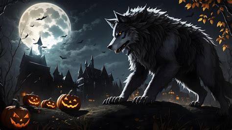 Premium Ai Image Halloween Background Scary Wolf With Pumpkins