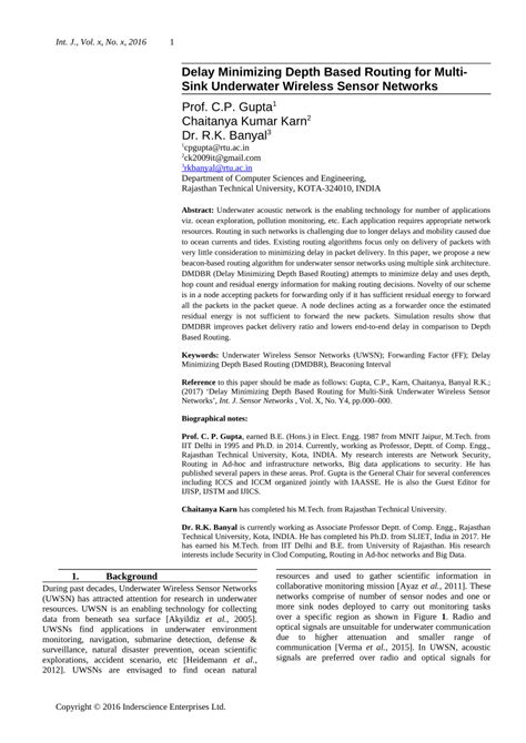 Pdf Delay Minimising Depth Based Routing For Multi Sink Underwater Wireless Sensor Networks