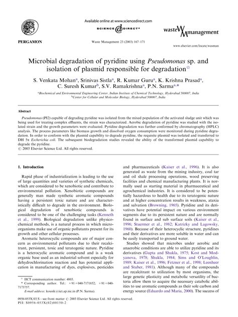 Pdf Microbial Degradation Of Pyridine Using Pseudomonas Sp And Isolation Of Plasmid