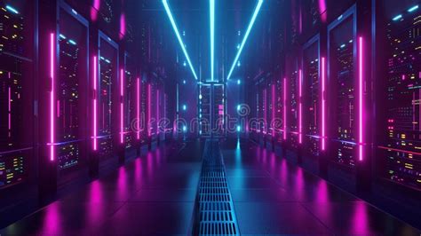 A Futuristic Data Center With Glowing Server Racks And Fiber Optic Connections Stock