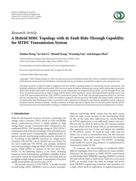 Pdf A Hybrid Mmc Topology With Dc Fault Ride Through Capability For