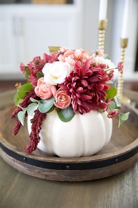 Fall Flower Arrangement Pink And Burgundy In White Pumpkin Vase