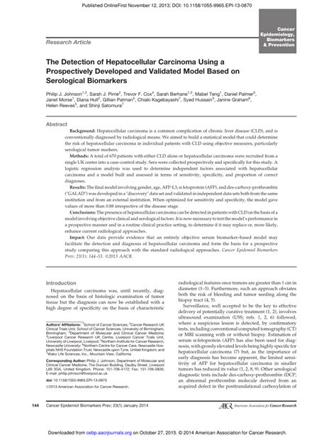 Pdf The Detection Of Hepatocellular Carcinoma Using A Prospectively Developed And Validated