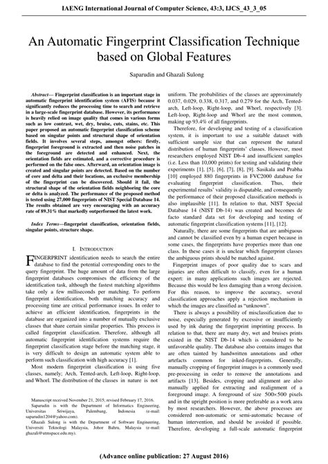 Pdf An Automatic Fingerprint Classification Technique Based On Global