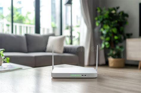 A White Wireless Router Sits On A Wooden Table In A Living Room Stock Illustration