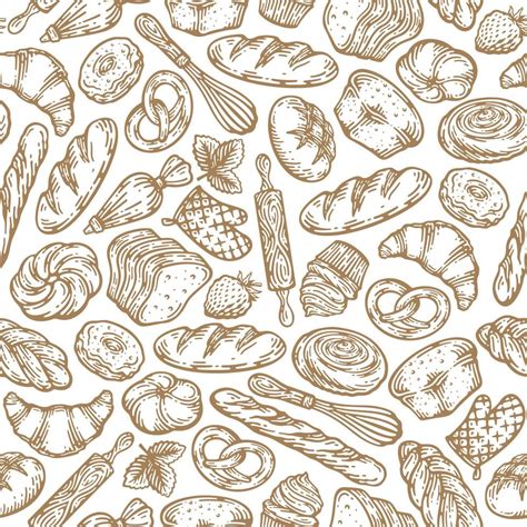 Hand Drawn Seamless Pattern Of Bread And Bakery Products Baked Goods