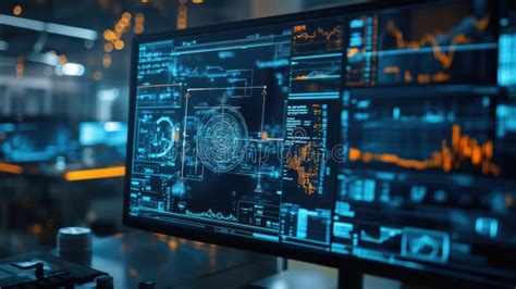 Computer Screen Showing Futuristic User Interface With Graphs Charts