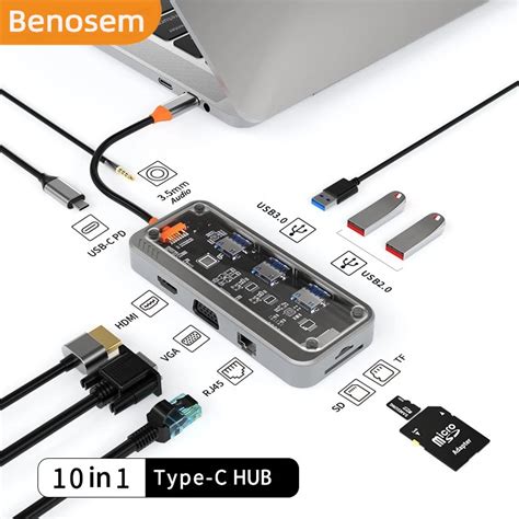 BENOSEM Exploration Transparent USB C HUB In With RJ Network Ethernet LAN Port PD W