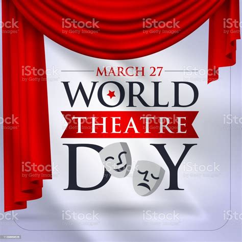 27 마트 두 야 티야롤라 구 귀 번역 3 월 27 일 세계 극장의 날 커튼 및 빨간 벨벳 커튼 연극 마스크와 장면 개념 인사말 카드 템플릿 벡터 일러스트입니다 3월에 대한