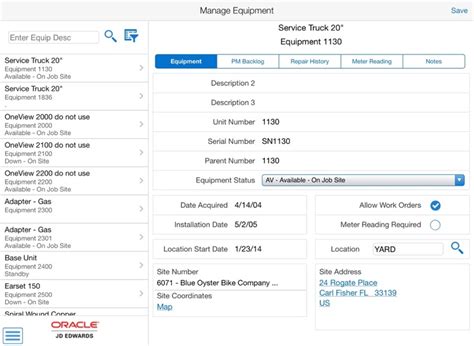 Manage Equipment Tablet For Jde E1 By Oracle America Inc