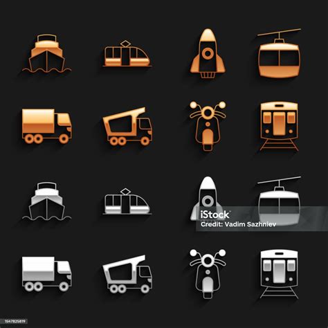 배달 화물 트럭 케이블 기차 및 철도 스쿠터 로켓 선박 크루즈 및 트램 아이콘을 설정합니다 벡터 Launch Party에 대한