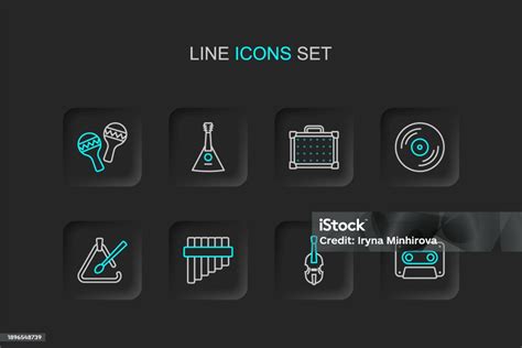 세트 라인 레트로 오디오 카세트 테이프 바이올린 팬 플루트 삼각형 악기 비닐 디스크 기타 앰프 발랄라이카 및 마라카스 아이콘 벡터 Dj에 대한 스톡 벡터 아트 및 기타