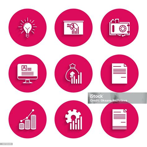 설정 머니 백 및 다이어그램 그래프 원형 차트 인포 그래픽 문서 동전 이력서와 컴퓨터 모니터 안전한 돈과 빛 전구 광선 아이디어 아이콘의 개념을 빛난다 벡터 가방에 대한