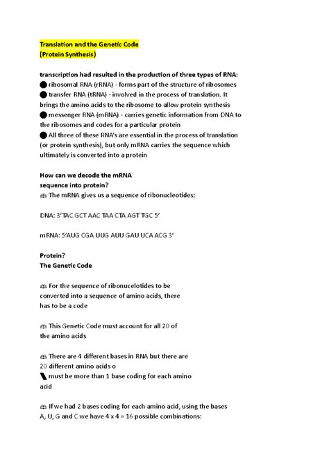 Translation And The Genetic Code Translation And The Genetic Code