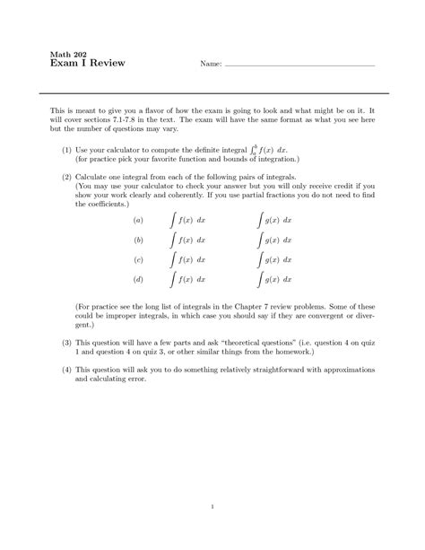 Exam 1 Review Questions Calculus Ii Math 202 Docsity