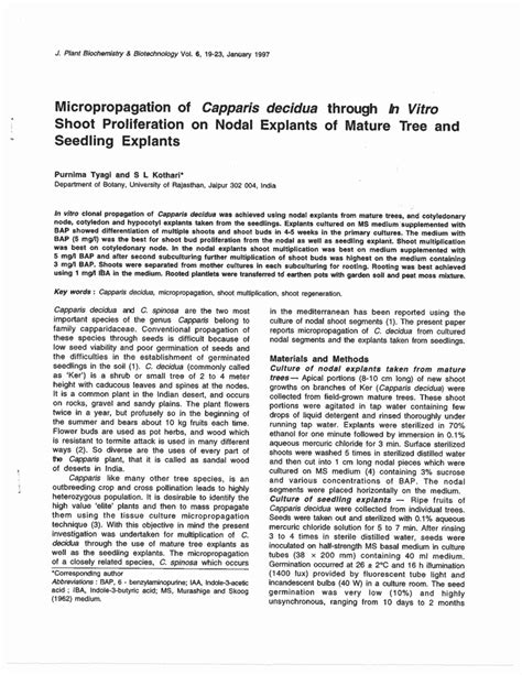 Pdf Micropropagation Of Capparis Decidua Through In Vitro Shoot Proliferation On Nodal