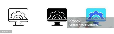 기어 라인 아이콘이 있는 컴퓨터 모니터 설정 제어판 조정 노트북 구성 개인 서비스 센터 설치 선에 있는 벡터 아이콘 흰색 배경에 검은색과 화려한 스타일 고대의에 대한 스톡