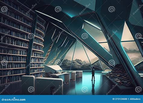 futuristic library with sleek and futuristic design featuring advanced