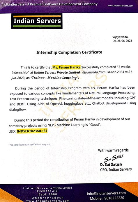 Harika Peram On Linkedin Internship Project Indianservers