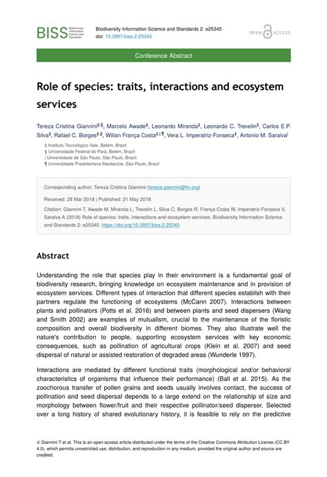 Pdf Role Of Species Traits Interactions And Ecosystem Services