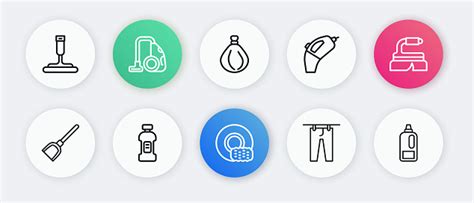 세트 라인 설거지 청소용 브러시 쓰레받기 빨래 건조 휴대용 진공 청소기 쓰레기 봉투 병 세제 및 아이콘 벡터 가방에 대한 스톡 벡터 아트 및 기타 이미지 Istock