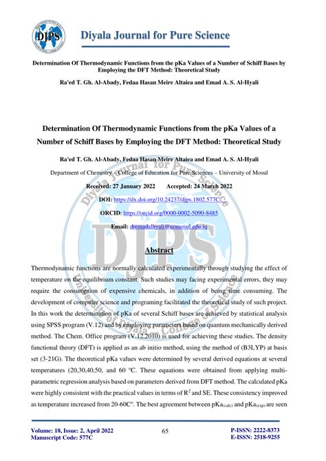 Pdf Determination Of Thermodynamic Functions From The Pka Values Of A Number Of Schiff Bases
