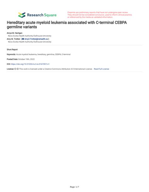 Pdf Hereditary Acute Myeloid Leukemia Associated With C Terminal Cebpa Germline Variants