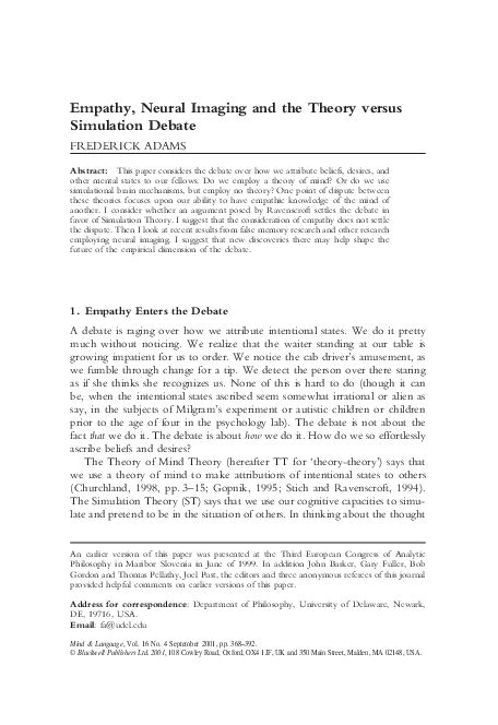 Pdf Empathy Neural Imaging And The Theory Versus Simulation Debate