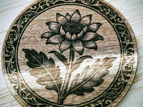 Laser Engraved Wooden Floral Coaster With Decorative Border Free