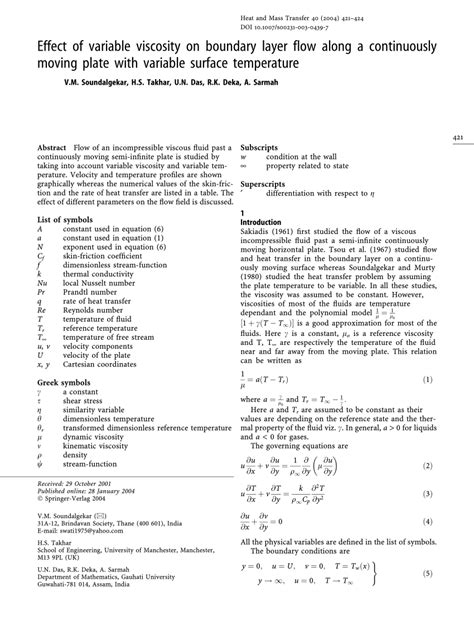 Pdf Effect Of Variable Viscosity On Boundary Layer Flow Along A