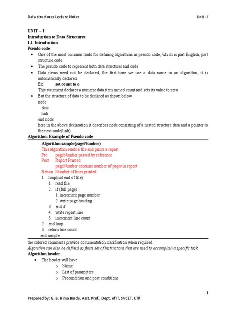 Unit I Introduction To Data Structures Pseudo Code Pdf Parameter