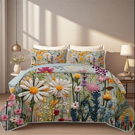 Davulos Floral Quilt Set Queen Size Reversible Quilt Bedding Set 3