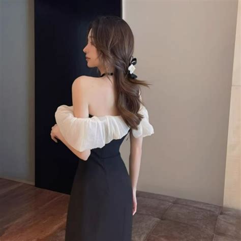 옥수수클로젯 웨딩촬영블랙원피스 오프숄더 뒷트임 H라인 빅사이즈 여름원피스 몸매커버 정장 핀턱 웨딩원피스 신혼여행 2부 이브닝 롱드레스 해변 여행 휴양지 파티룩 검정