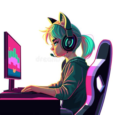 Girl Gamer Or Streamer With A Headset Sits In Front Of A Computer Stock