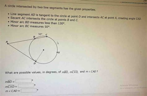 solved a circle intersected by two line segments has the given