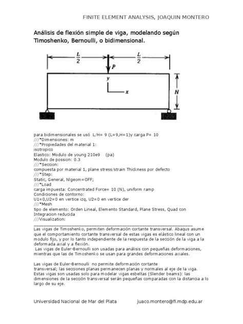 Flexion De Viga Modelo En Abaqus Comparación De Viga De Timoshenko Y De Bernoulli Pdf