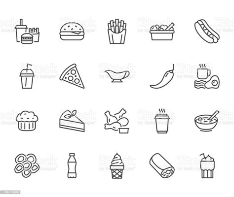 패스트 푸드 플랫 라인 아이콘을 설정합니다 햄버거 콤보 런치 감자 튀김 핫도그 소스 샐러드 수프 피자 벡터 일러스트 레이 션